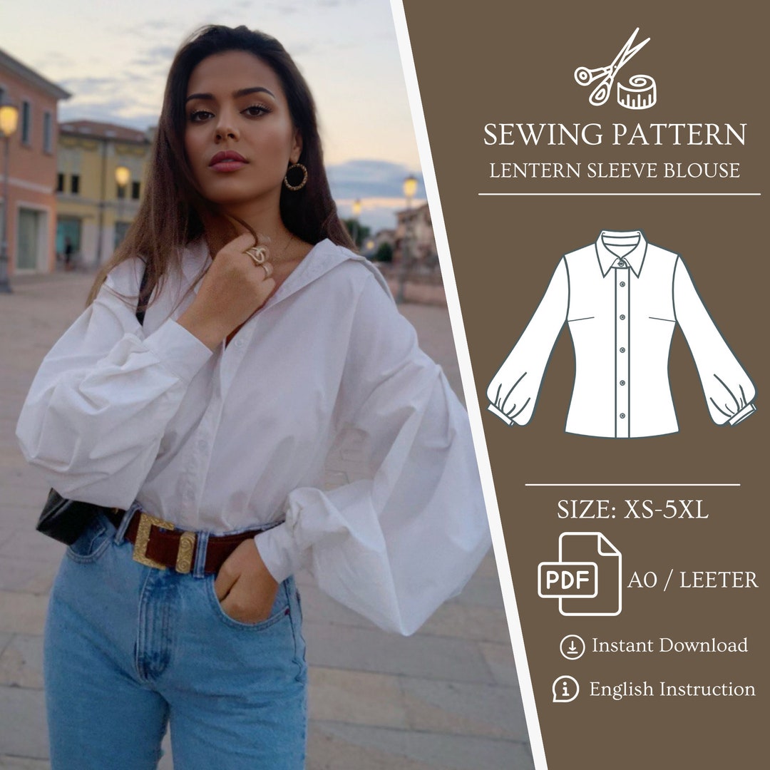 Bishop Sewing Blouse Pattern, Lantern Sleeve Shirt, XS-5XL, Digital ...