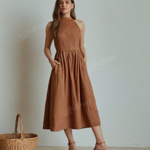 Linen Gathered Dress With Stand Collar, Halter Neckline, Midi Summer ...