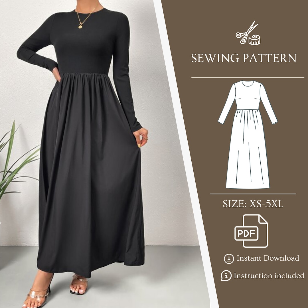 Long Sleeve A Line Sewing Pattern Dress Digital PDF Pattern US Sizes 2 ...