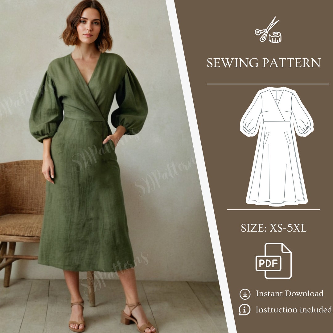 Surplice Dress Sewing Pattern, XS 5XL Instructions, Summer Linen Dress ...