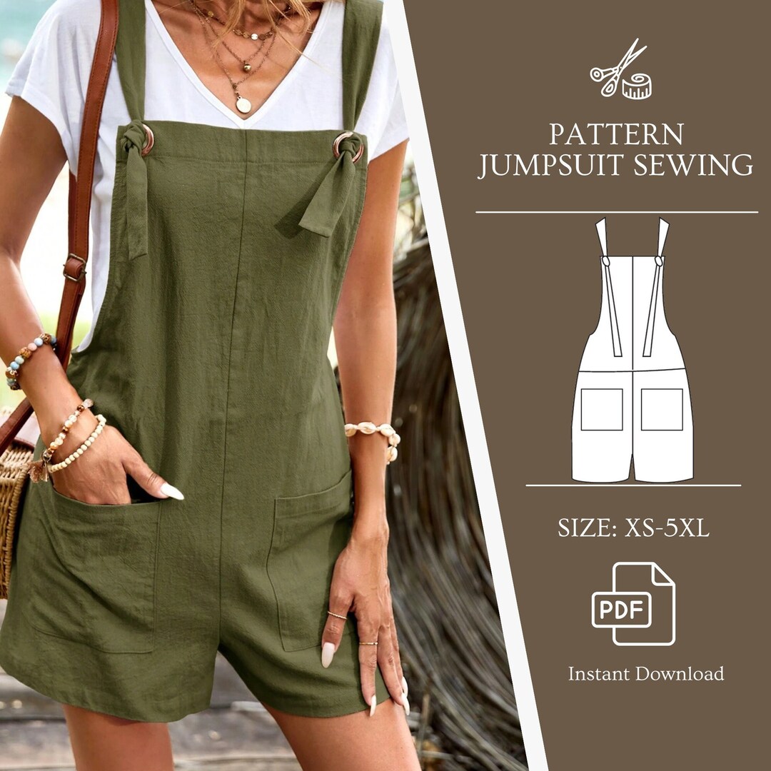 Jumpsuit PDF Sewing Pattern, Loose Pant, Romper Sewing, XS-5XL, Linen Pants, Pockets, Shorts ...