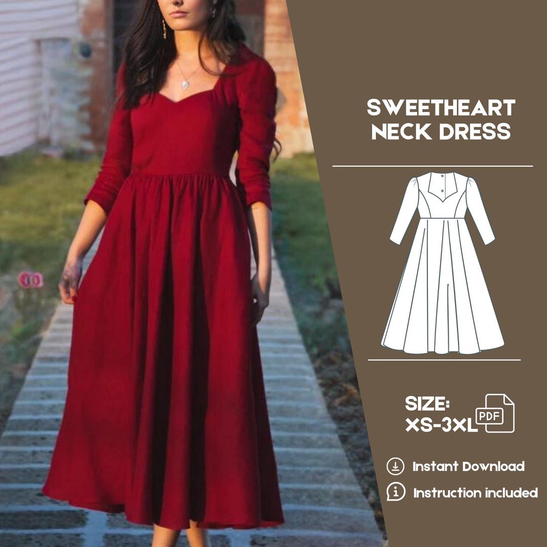 Sewing Pattern Dress, Puff Sleeve, Sweetheart Neckline, Circle Skirt ...