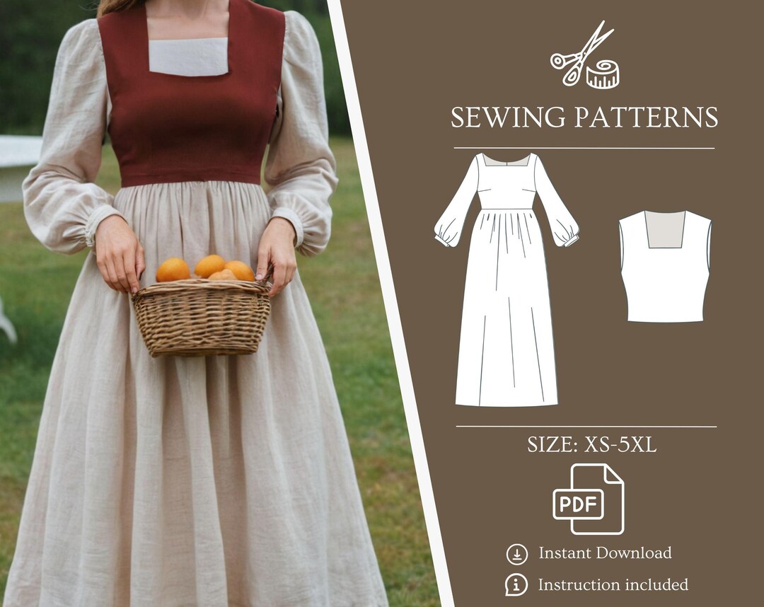 Set Vintage Cottagecore Dress and Top Sewing Pattern, Long Sleeve ...