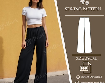 Elastic Waist Pants, PDF Sewing Pants,, Women Sewing Pattern, Easy Sew Pants, Wide Leg Pants ...