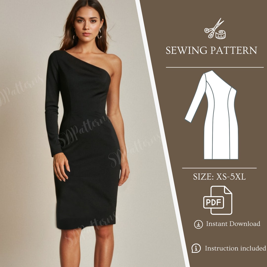 One Shoulder Sewing Dress Pattern, Dress PDF Sewing Pattern Instant ...