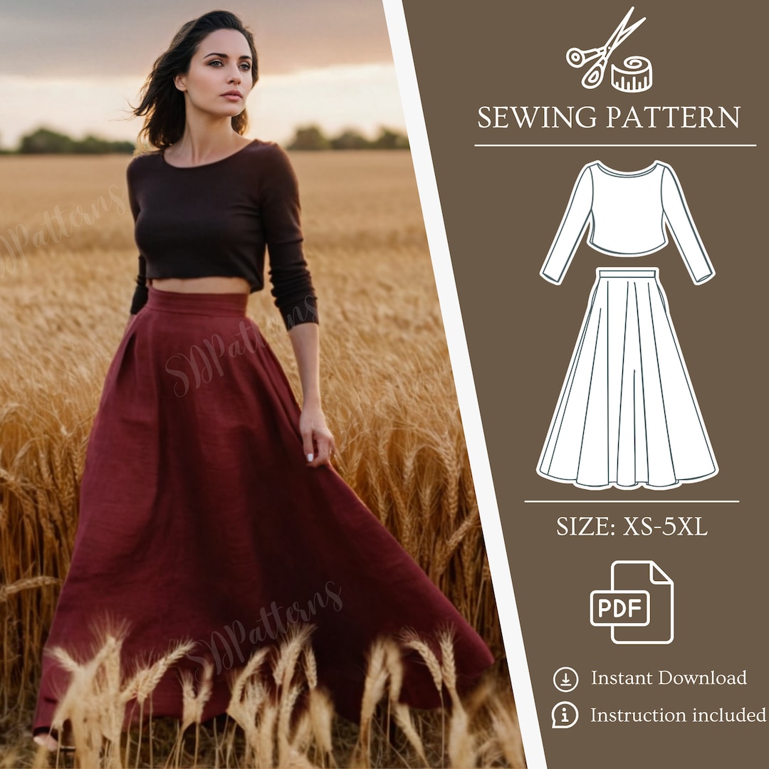 Set Linen Circle Skirt Long Sleeve Crop Top Sewing Pattern Set Women ...