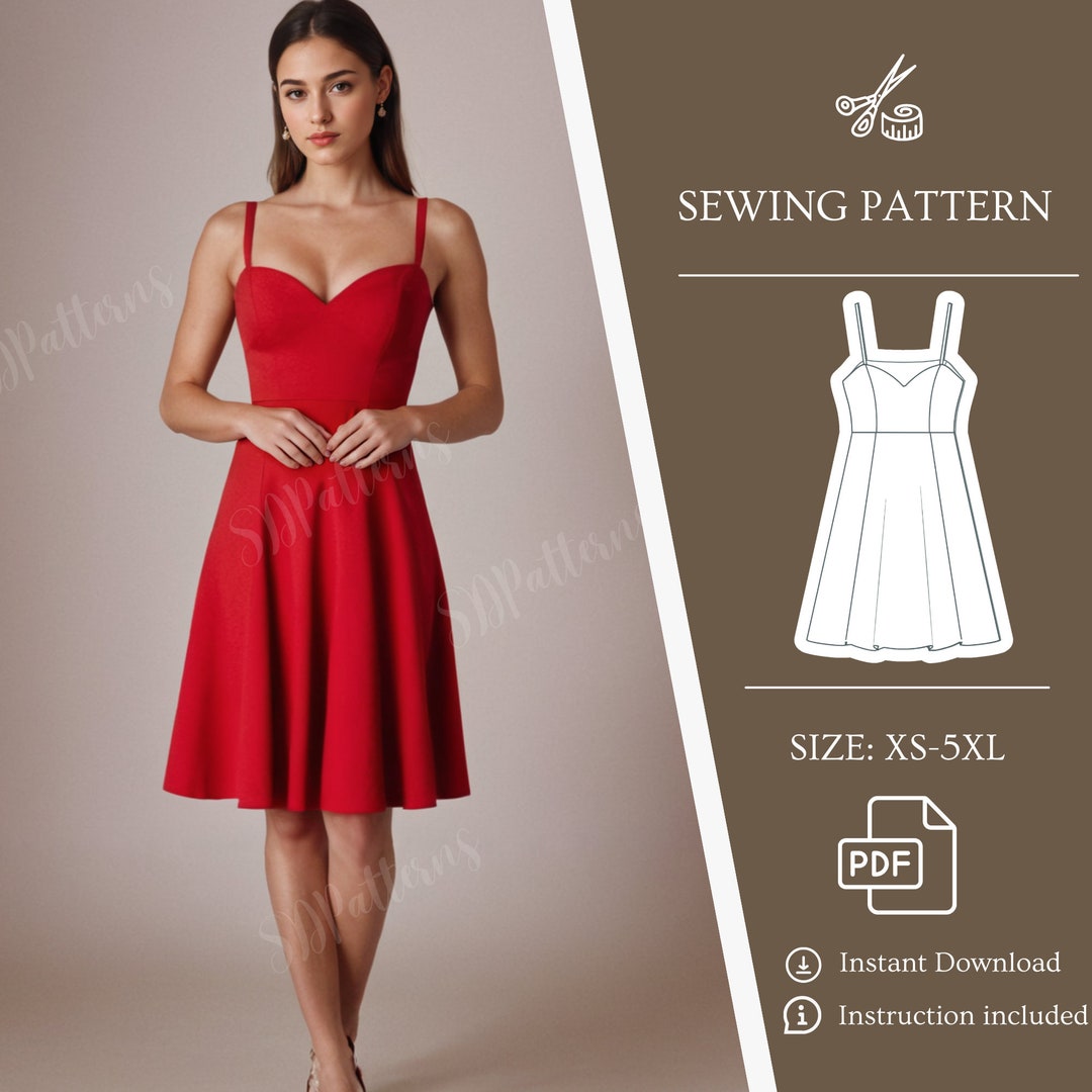 Heart Dress Sewing Pattern, Knee Ruffle Dress PDF Pattern, Straps Red ...