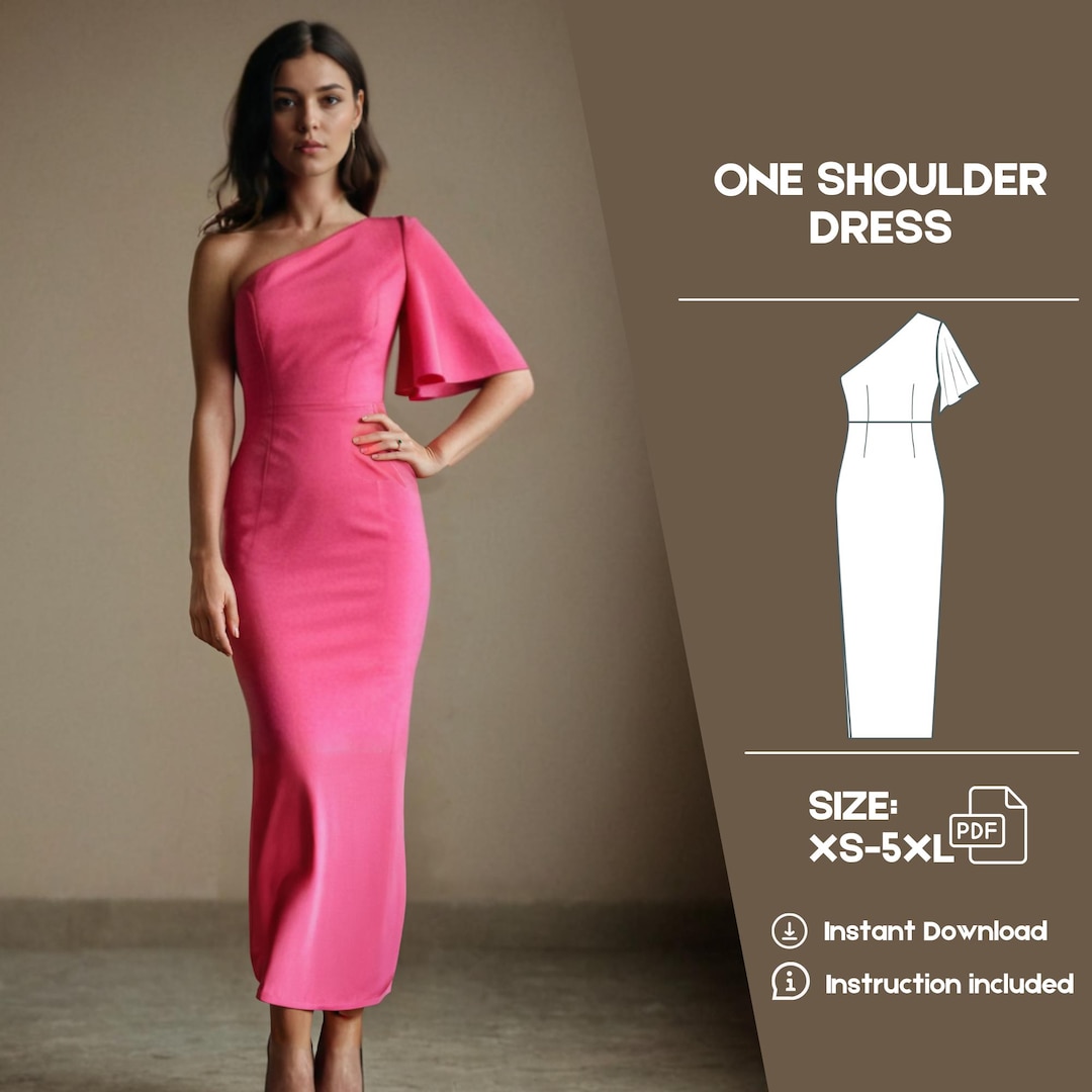 Women One Shoulder Flare Sleeve Dress Sewing Pattern Casual Wedding ...
