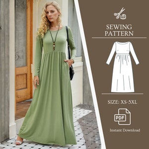 PDF Sewing Pattern for Long Sleeve A-line Dress With Invisible Pockets ...