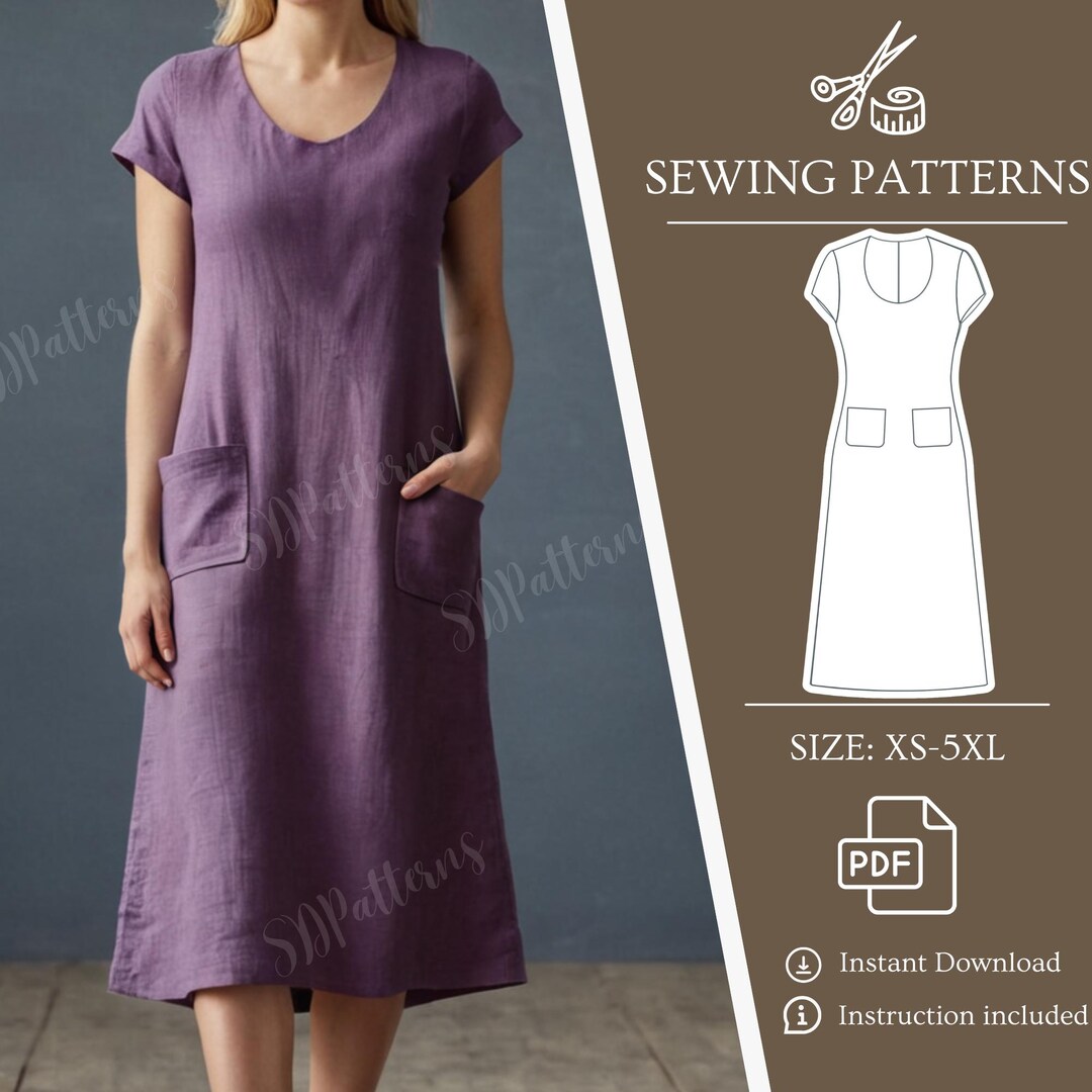 Linen A-line Dress Sewing Pattern, Patch Pockets Dress, Short Sleeve ...