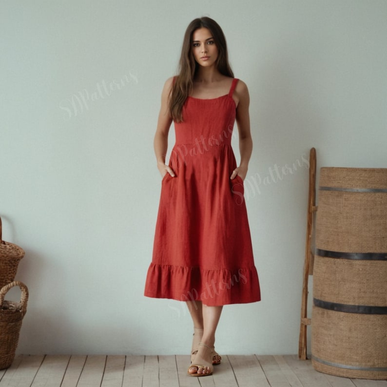 Straps Midi Dress Pattern, Ruffles Circular Skirt, PDF Sewing Pattern ...