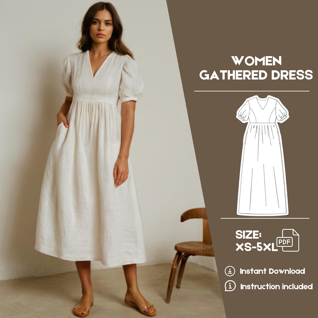 Woman Bishop Sleeve Dress Pattern , Pockets Linen Dress , PDF Sewing ...