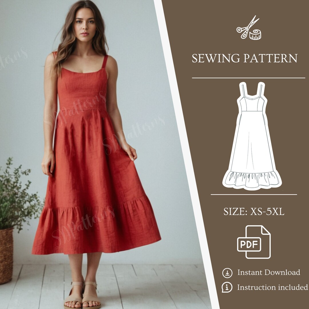 Straps Midi Dress Pattern, Ruffles Circular Skirt, PDF Sewing Pattern ...