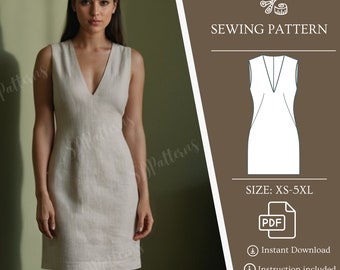 V-neck Sleeveless Mini Dress, Bodycon Dress, Digital Sewing Pattern, US ...