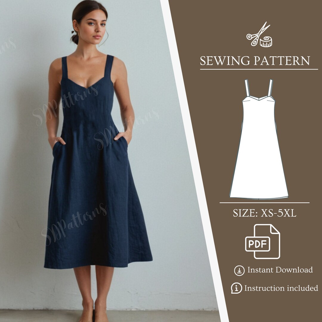 Straps Dress Sewing Pattern, V-neck Dress, Pockets Dress, PDF Instant ...