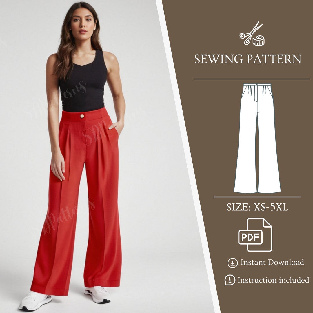 Pattern for Comfortable Wide-leg Pants in Sizes XS-5XL, Easy-to-sew ...