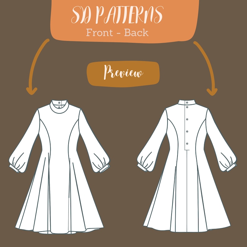 Flared Midi Dress Sewing Pattern: Lantern Sleeve, XS-5XL (PDF Download ...