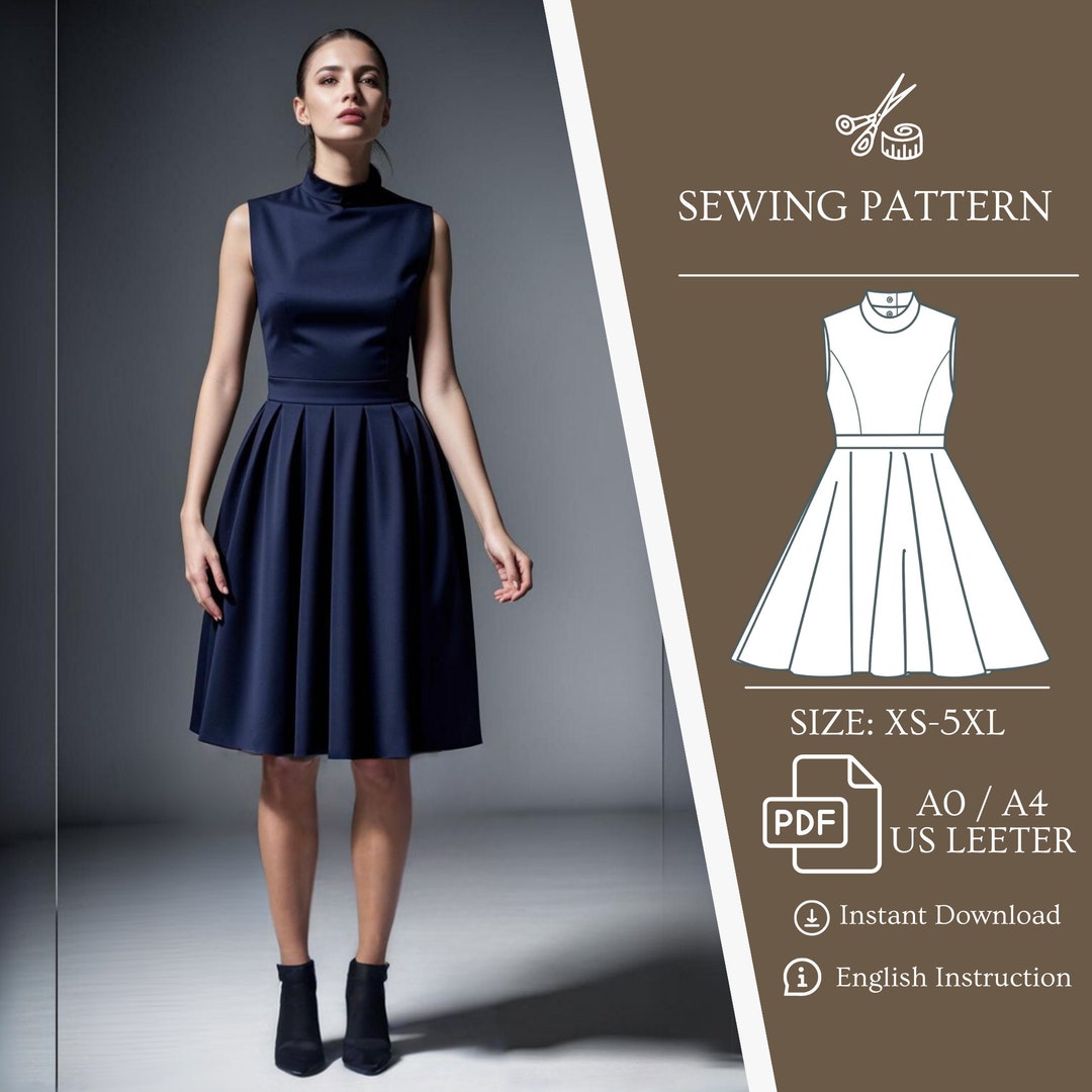 Sleeveless Dress Pattern, Stand Collar, Circle Dress, Instant Download ...