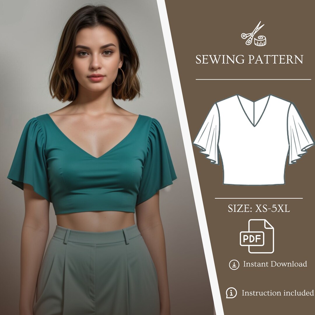 Flared Sleeve Top, Sewing V Neck Blouse, PDF Pattern, Butterfly Shirt ...
