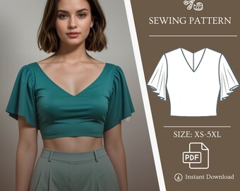 V-neck Top PDF Sewing Pattern Flutter Flared Sleeve Blouse Shirt ...