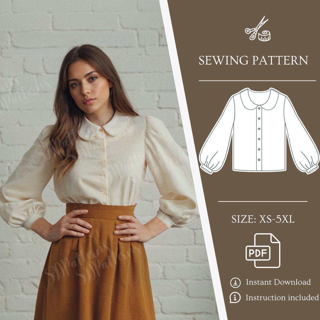 Peter Pan Collar Blouse, Bishop Sleeve, Sewing Pattern, PDF Letter A0 ...