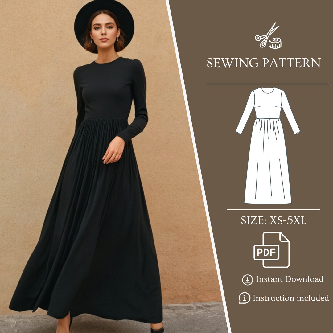 Long Sleeve A Line Sewing Pattern Dress Digital PDF Pattern US Sizes 2 ...