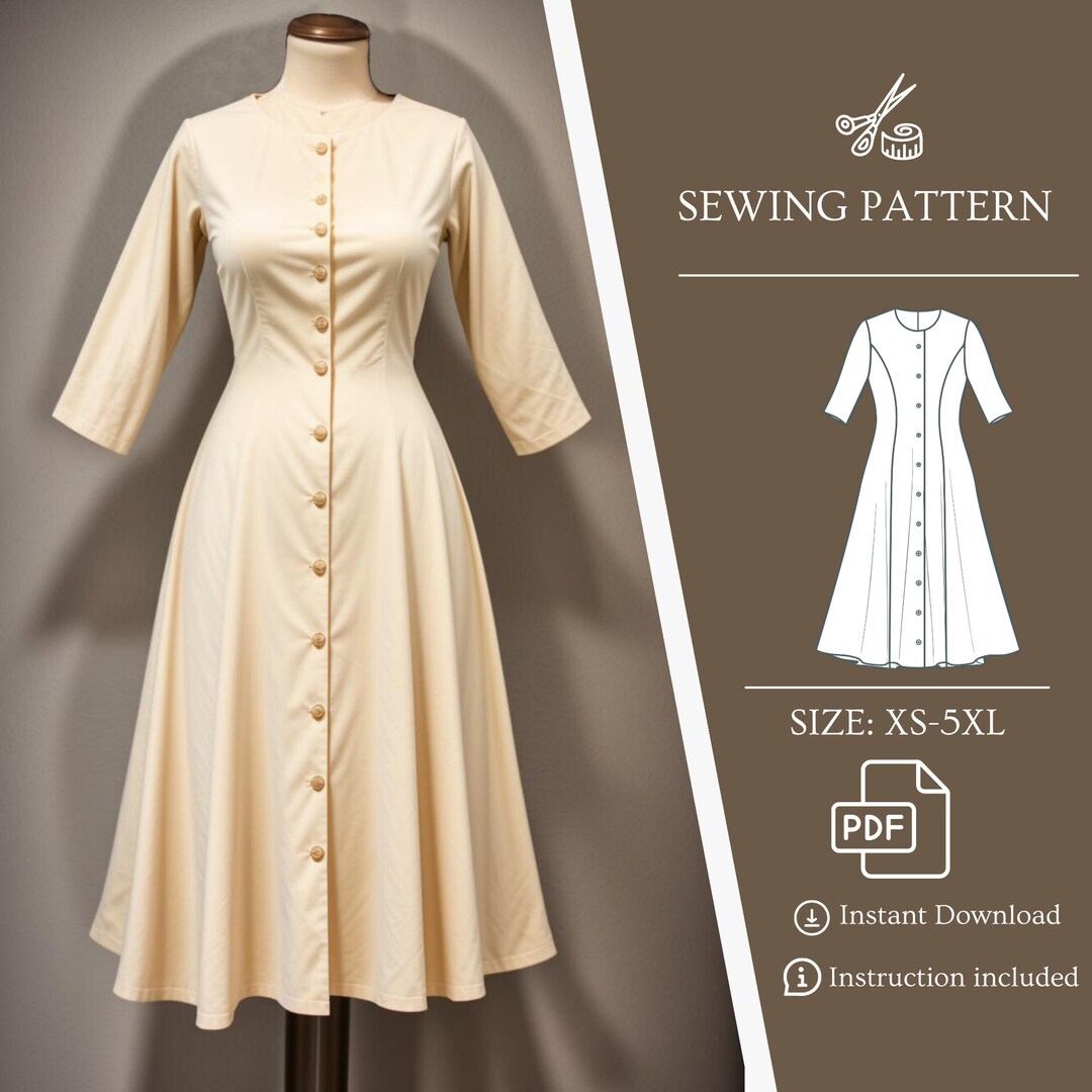 Flared Dress, Sewing Buttoned Dress, Sewing Pdf Dress, Dress Sewing ...