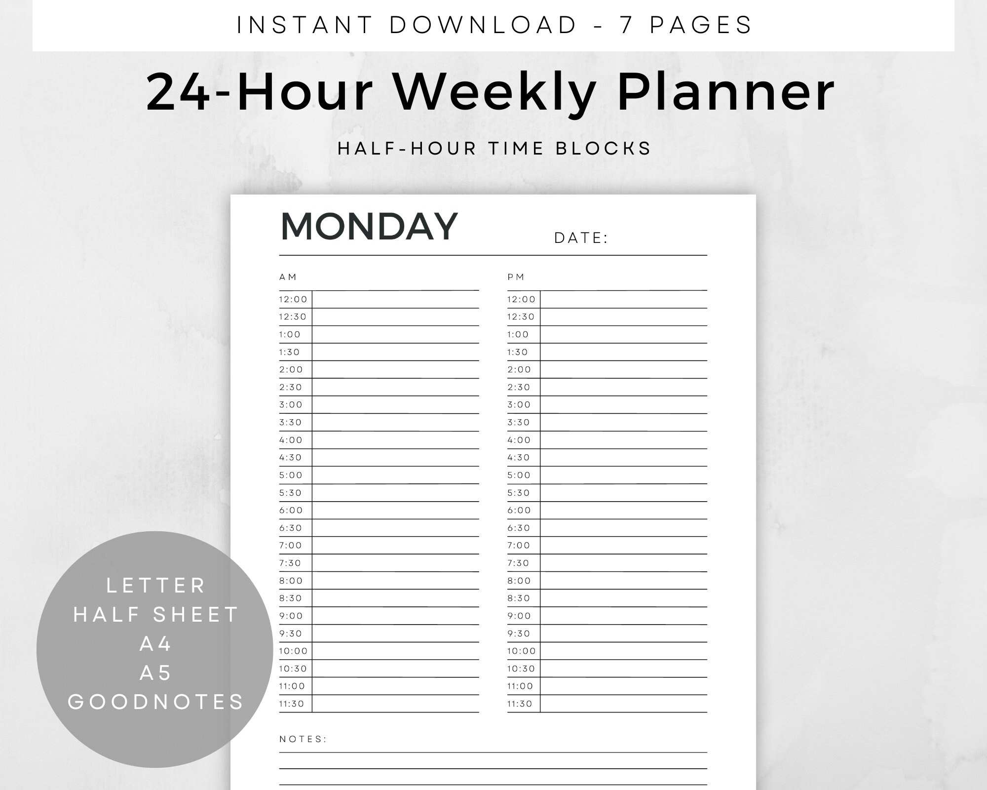 Printable 24 Hour Daily Planner, Weekly Planner, 24 Hour Planner, Time ...