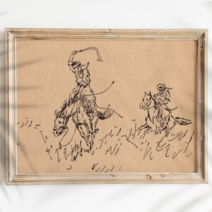 Cowboy Sketch Print, Horse Rider Drawing Art, Vintage Western Poster ...
