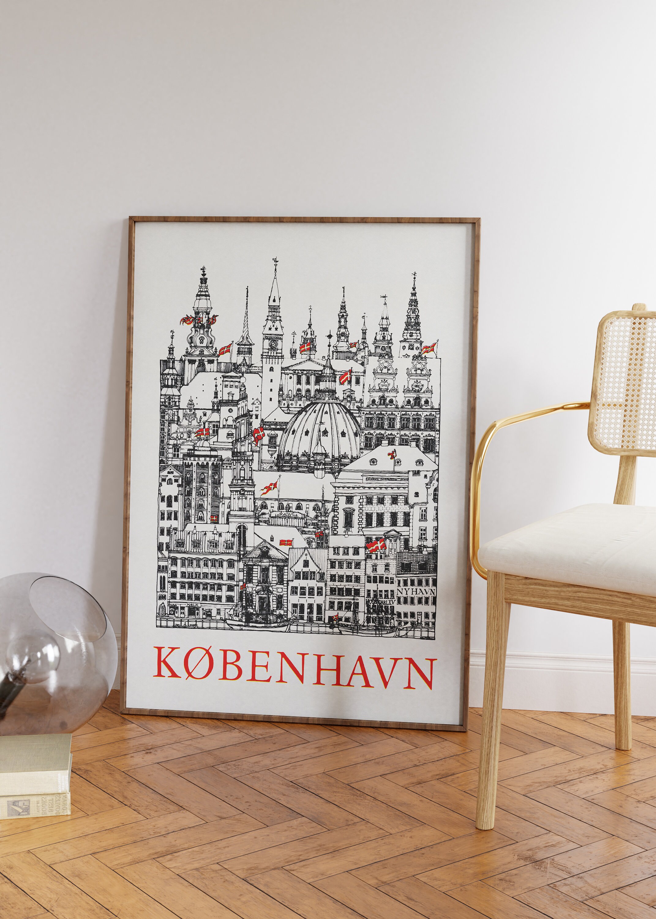 Copenhagen City Drawing Print, Denmark Travel Poster, Black and White ...