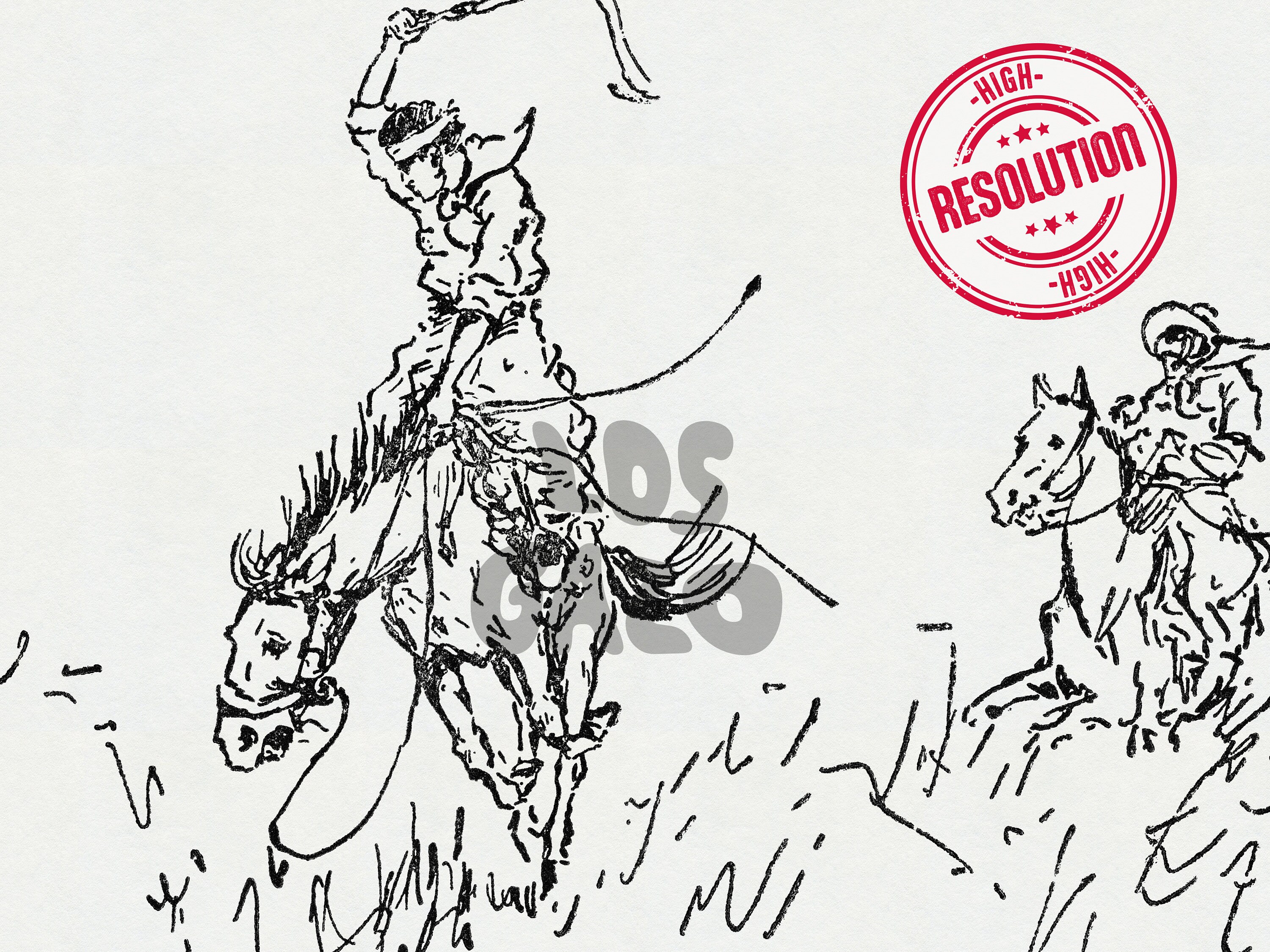 Cowboy Sketch Print, Horse Rider Drawing Art, Vintage Western Poster ...