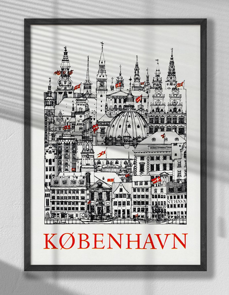 Copenhagen City Drawing Print, Denmark Travel Poster, Black and White ...