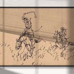 Cowboy Sketch Print, Horse Rider Drawing Art, Vintage Western Poster ...