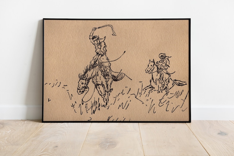 Cowboy Sketch Print, Horse Rider Drawing Art, Vintage Western Poster ...