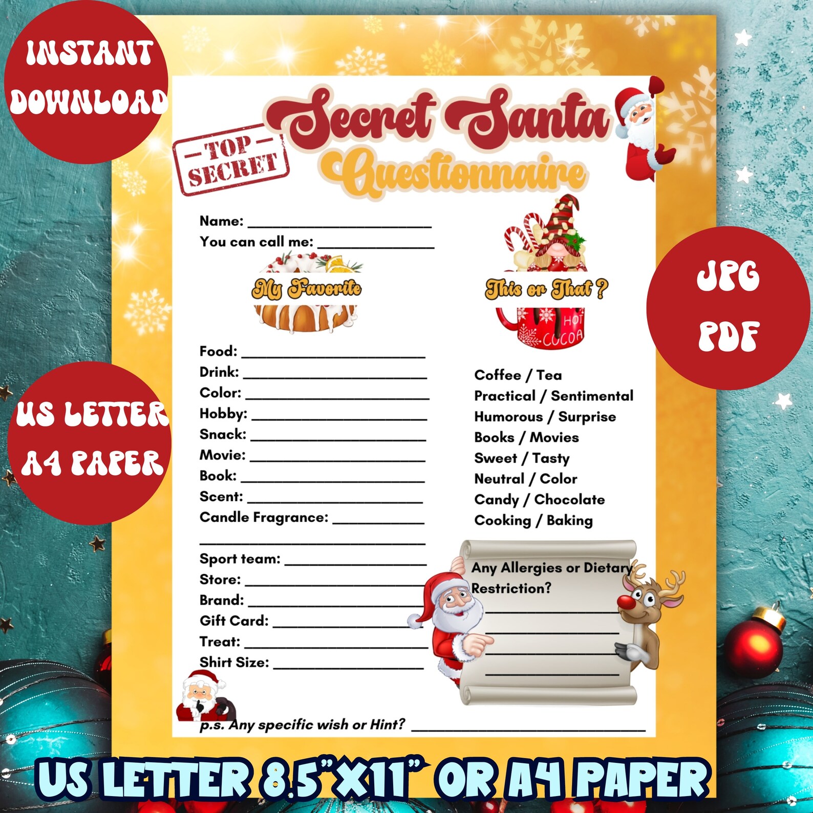 Printable Secret Santa Questionnaire, Gift Exchange Survey for ...