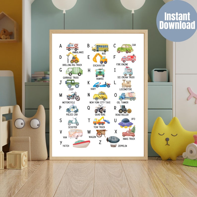 Vehicle Alphabet Nursery Wall Art, Printable Kids Transport Alphabet ...