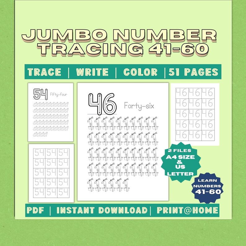 Jumbo Number Tracing Worksheet 41-60 for Kids, Preschool, Toddlers ...