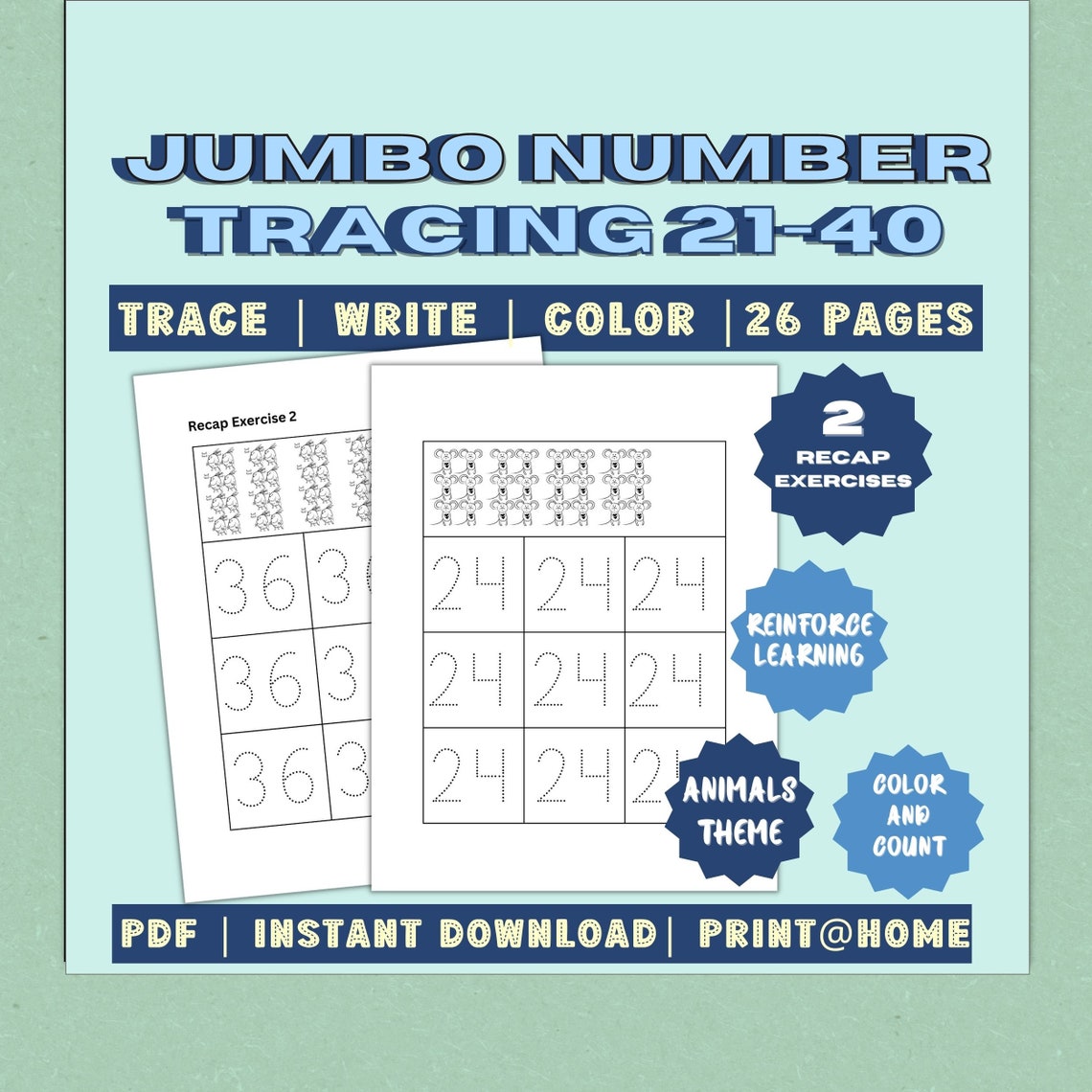 Number Tracing Worksheet 21-40 for Kids, Preschool, Toddlers ...
