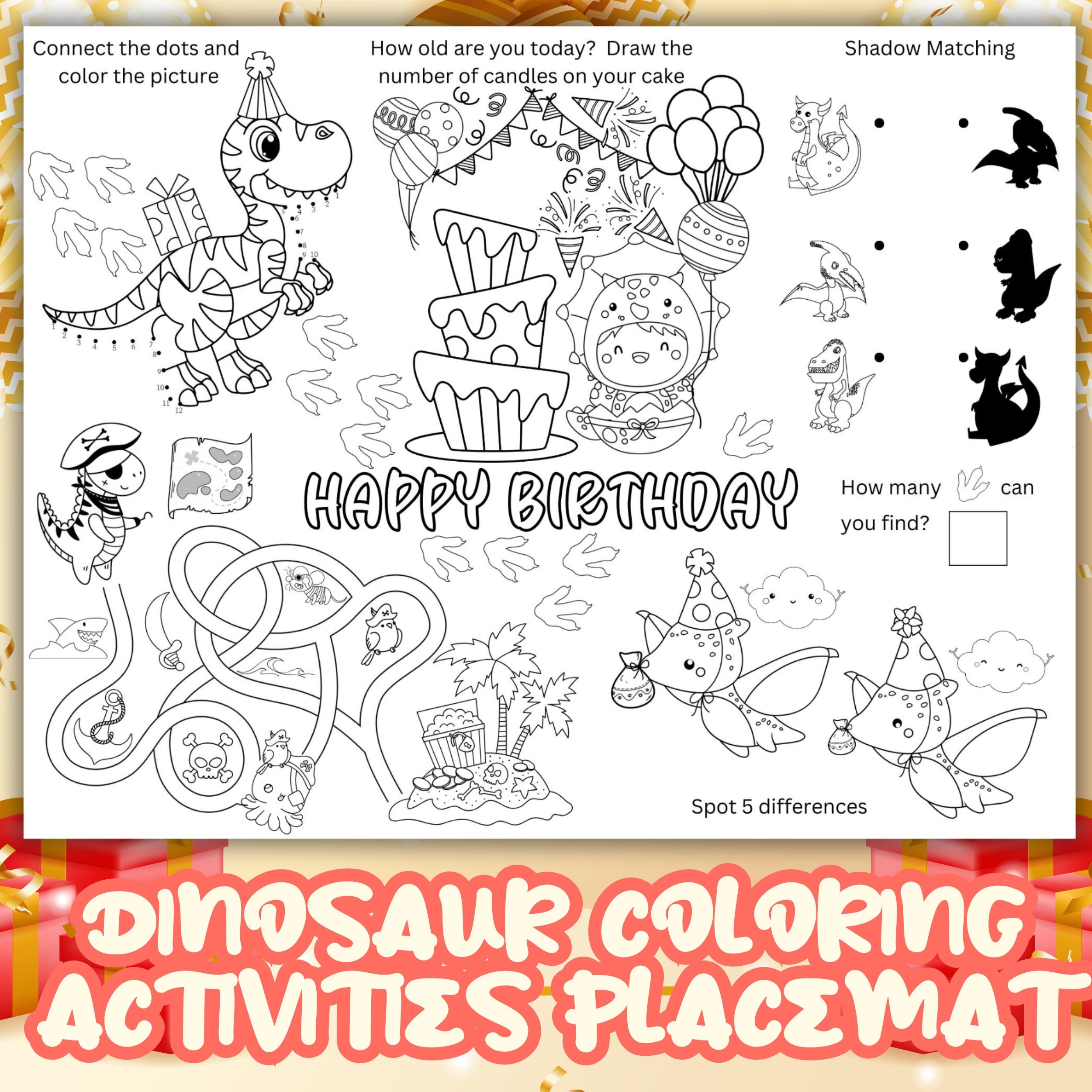 Dinosaur Happy Birthday Party Activities Placemat Kids Dinosaur Activity Placemat Coloring ...