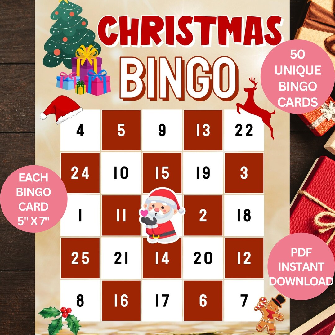 50 Christmas Bingo Cards, 50 Unique Prefilled Game Cards, Kid's Party ...