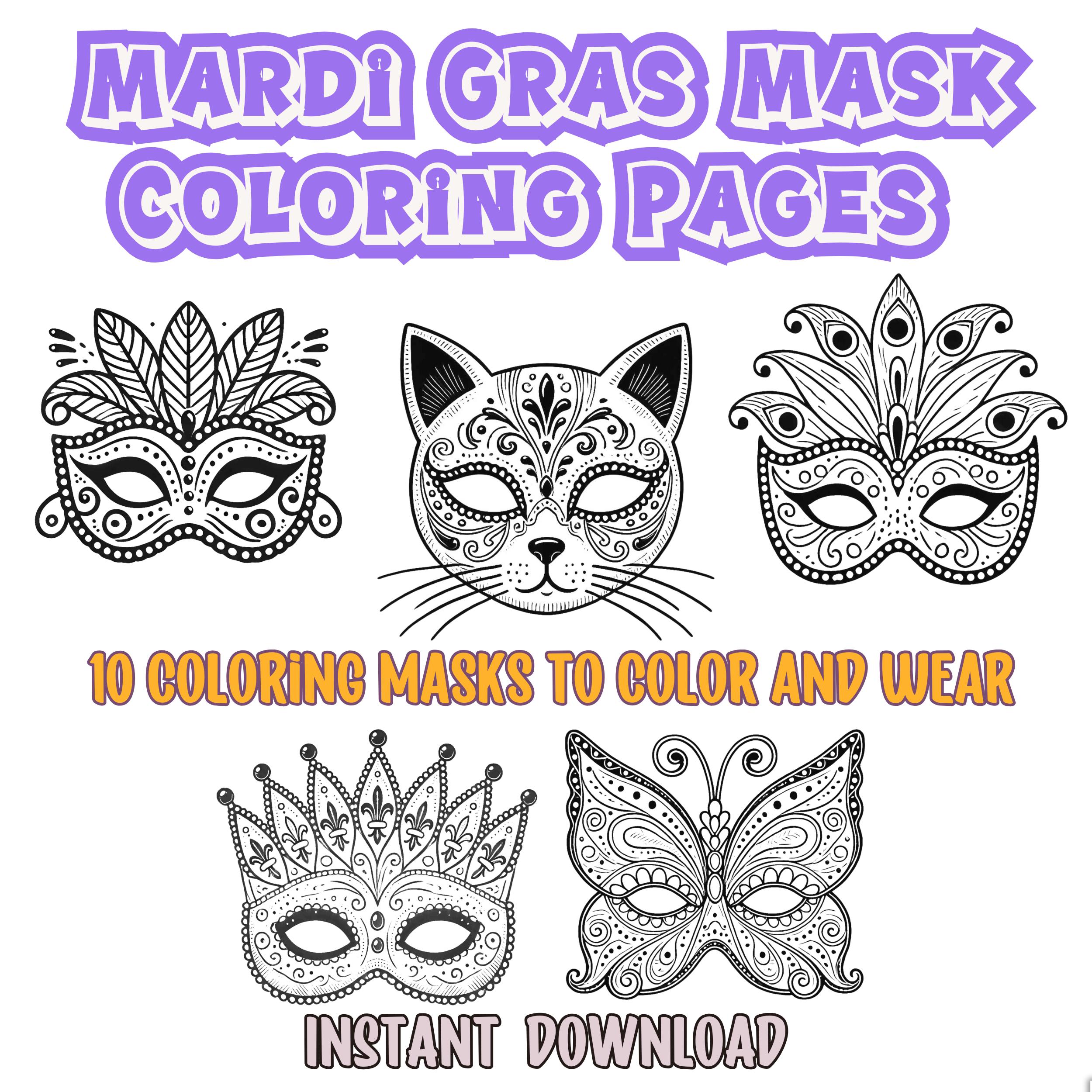 Mardi Gras Mask Coloring Masks for Kids, Halloween, Printable Kids ...