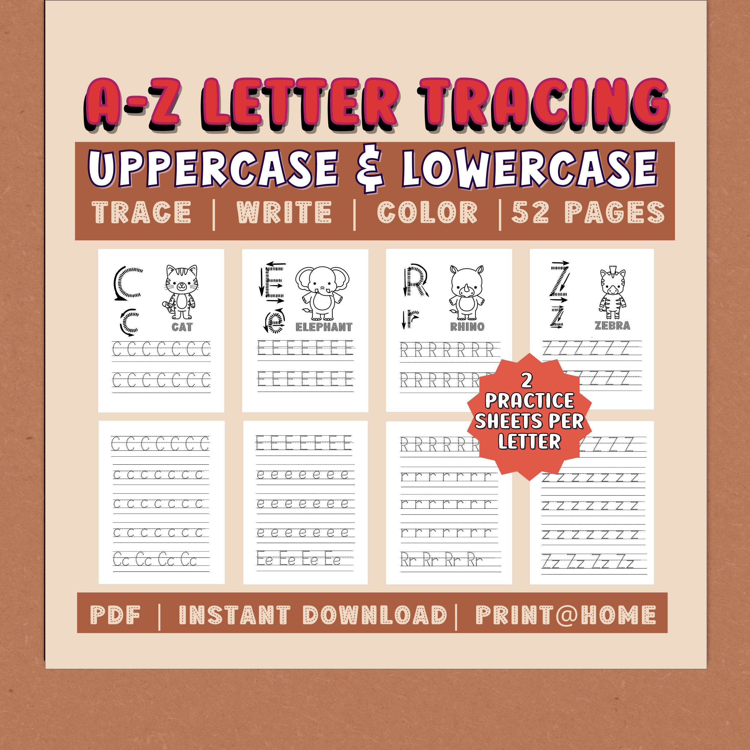 Alphabet Tracing Uppercase & Lowercase Practice Worksheets - Etsy