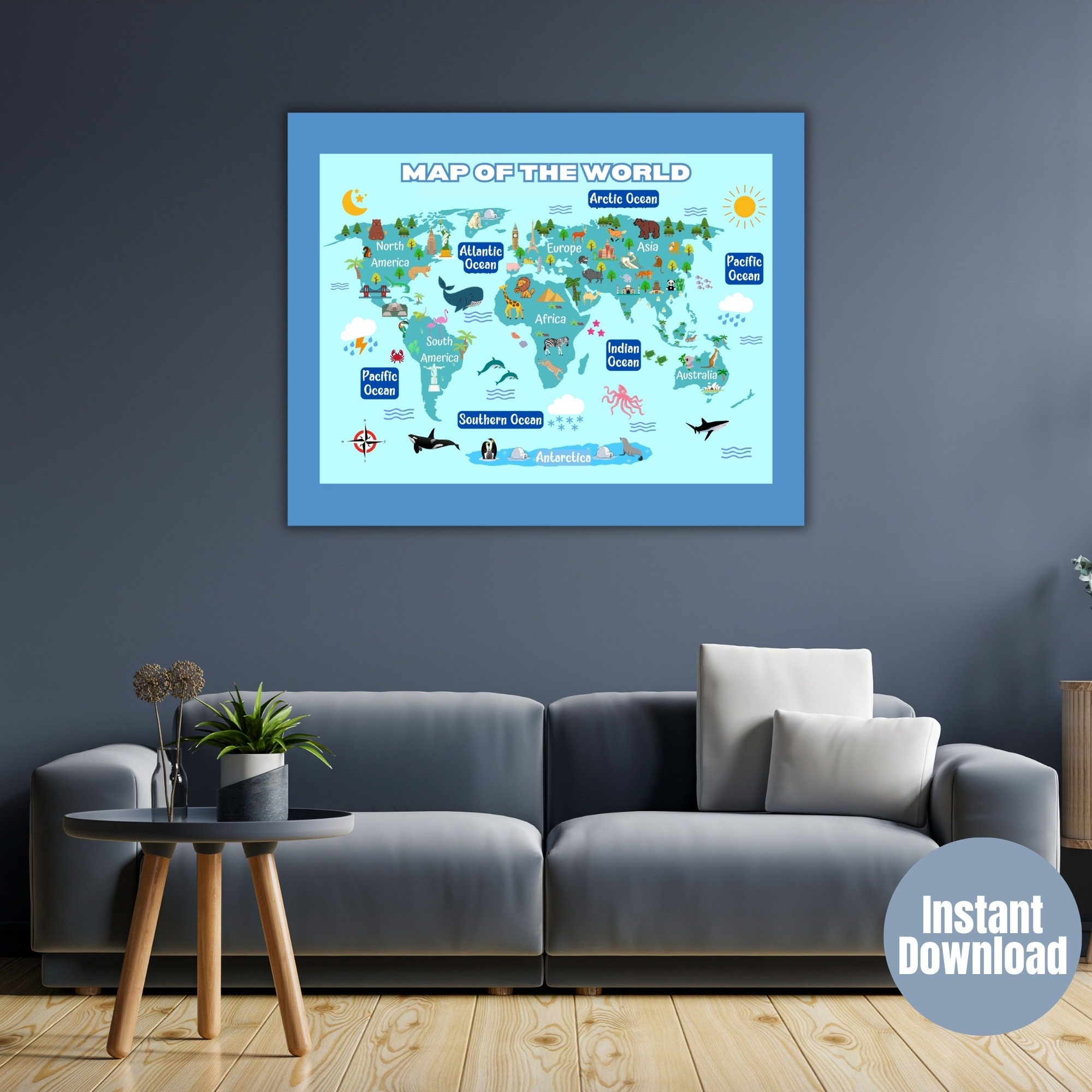 Map of the World Wall Art, Printable Kids World Map Poster, Children ...