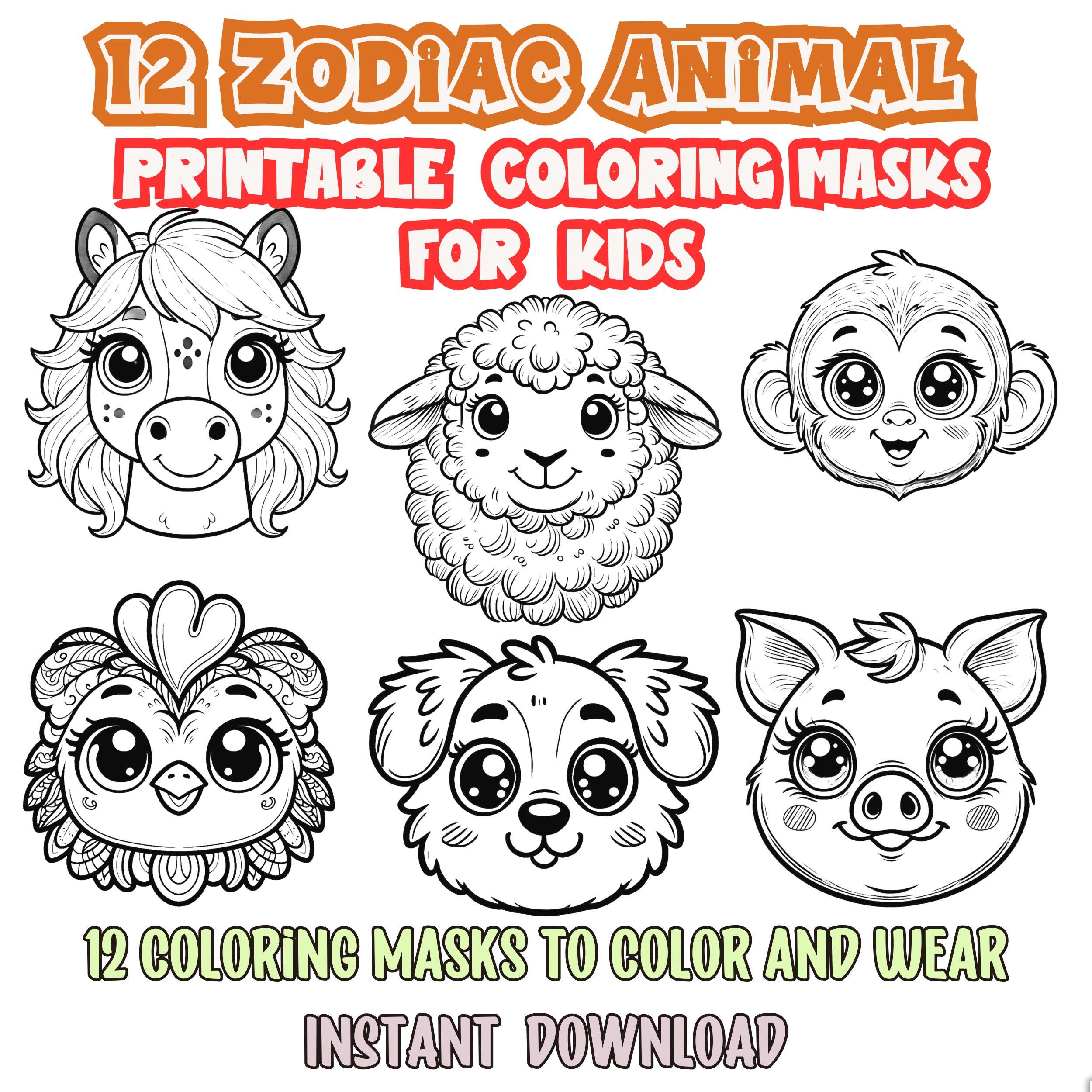 12 Zodiac Animal Masks for Kids, Printable Coloring Activity, Lunar New ...