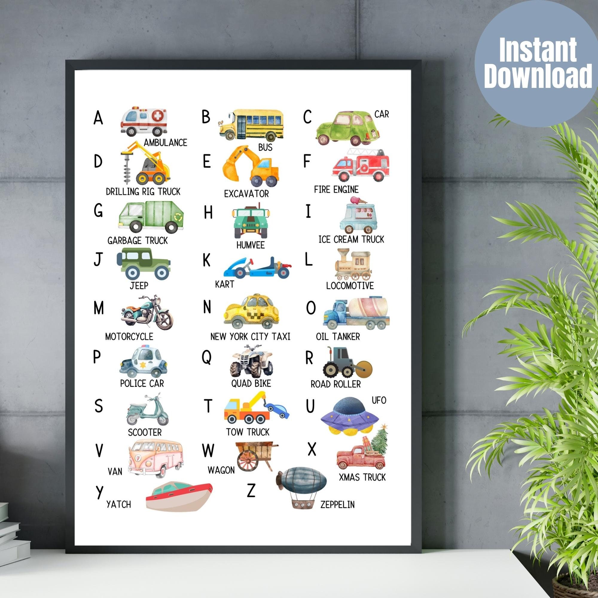 Vehicle Alphabet Nursery Wall Art, Printable Kids Transport Alphabet ...
