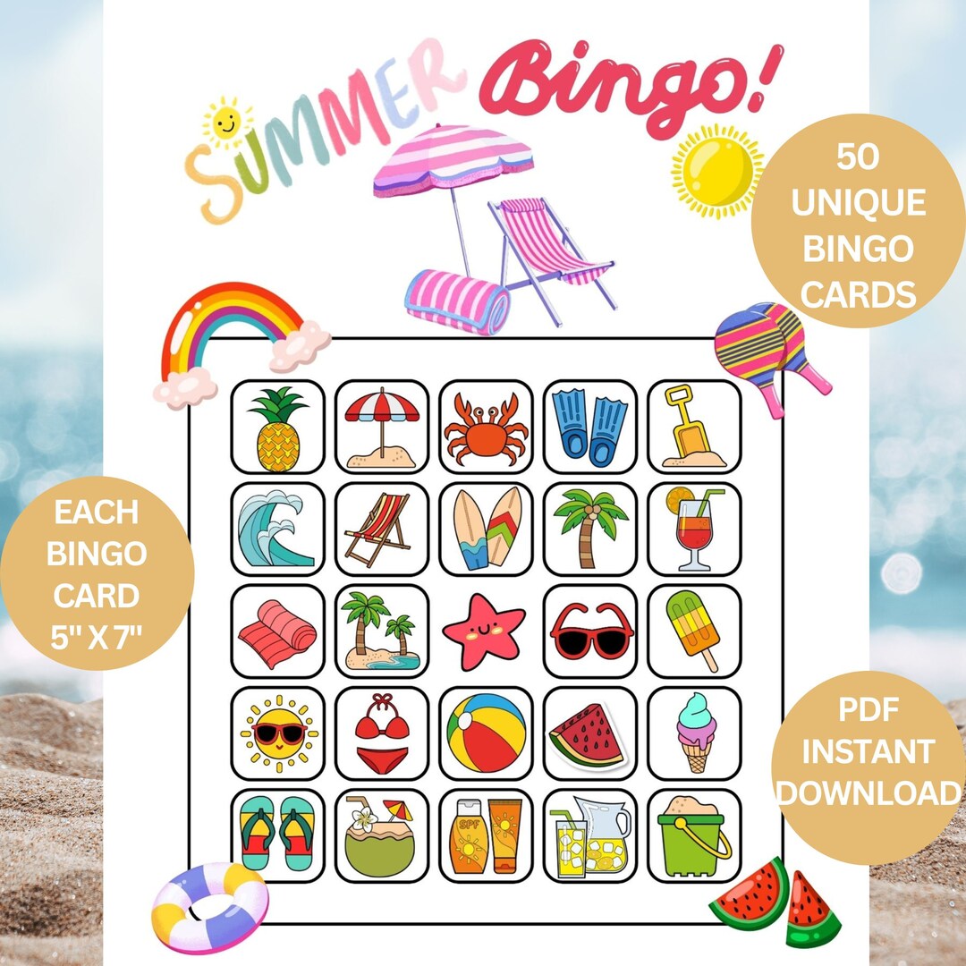 50 Summer Bingo Cards, 50 Unique Prefilled Game Cards, Kid's Party Game ...