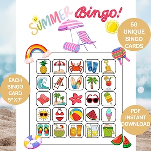 50 Summer Bingo Cards, 50 Unique Prefilled Game Cards, Kid's Party Game ...