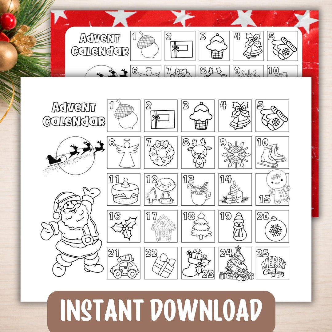 Christmas Advent Calendar, Printable Coloring Page, Cute Christmas ...