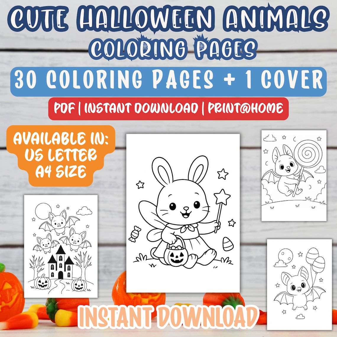 Cute Halloween Animals Coloring Book for Kids: Fun and Easy Coloring ...