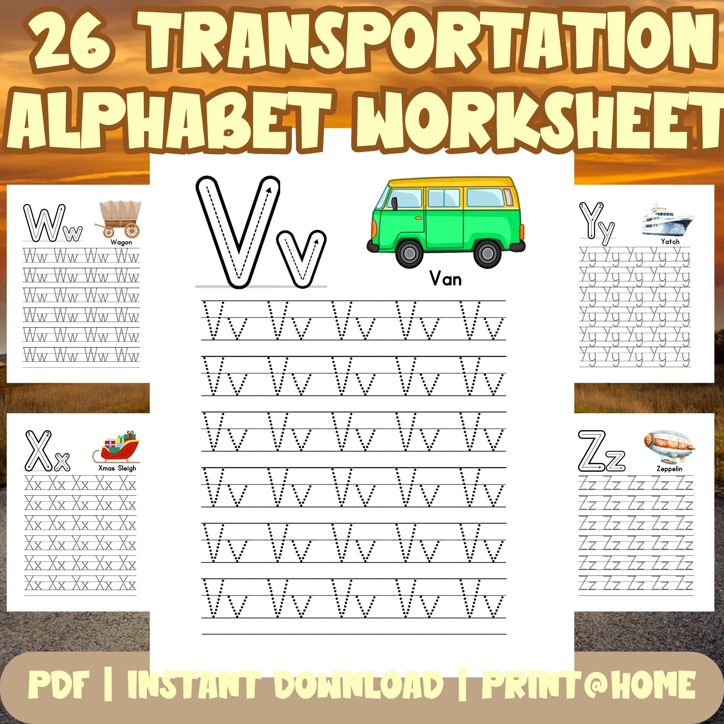 26 Transportation Alphabet Worksheets Handwriting Practice ABC Trace ...